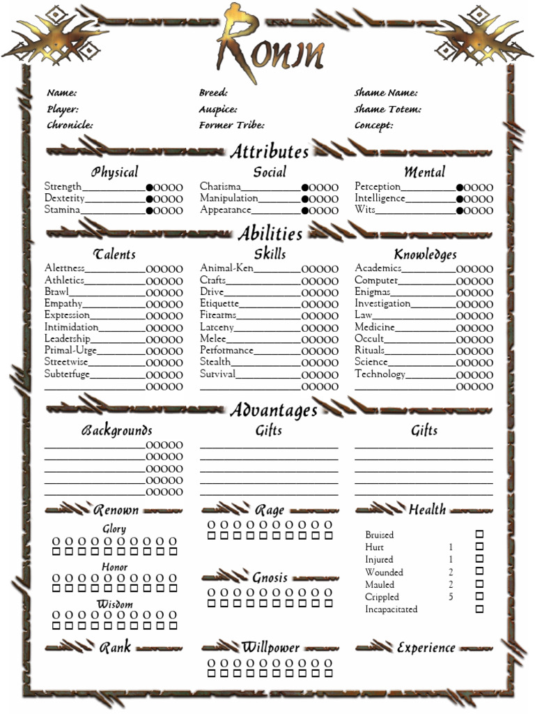 Werewolf - 4 Page Ronin Character Sheet | PDF