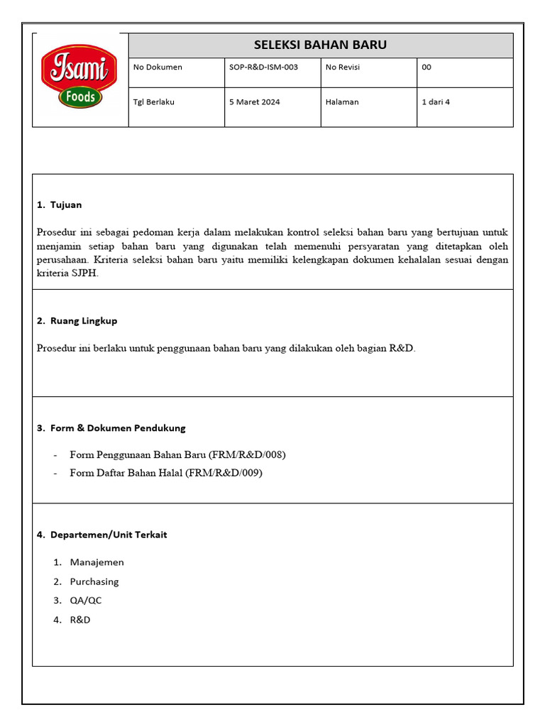 3 Sop Seleksi Bahan Baku Baru - Template Sop Isami | PDF