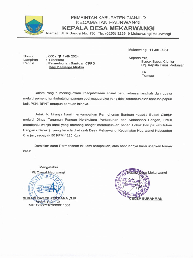 SURAT PERMOHONAN CPPD Desa Mekarwangi Haurwangi | PDF