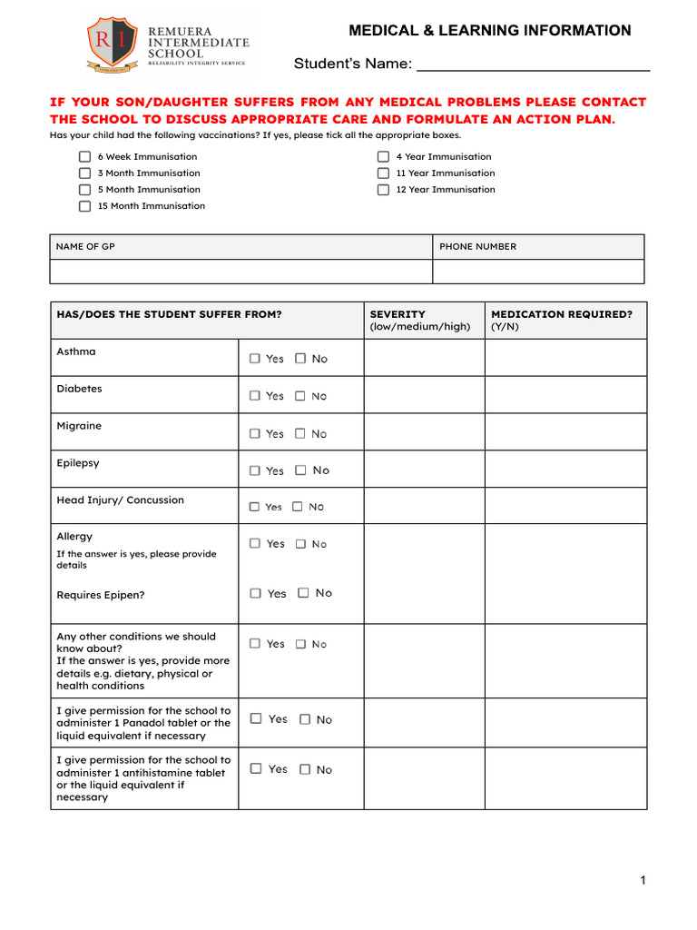Student Medical Information Form | PDF | Caregiver | Health Care
