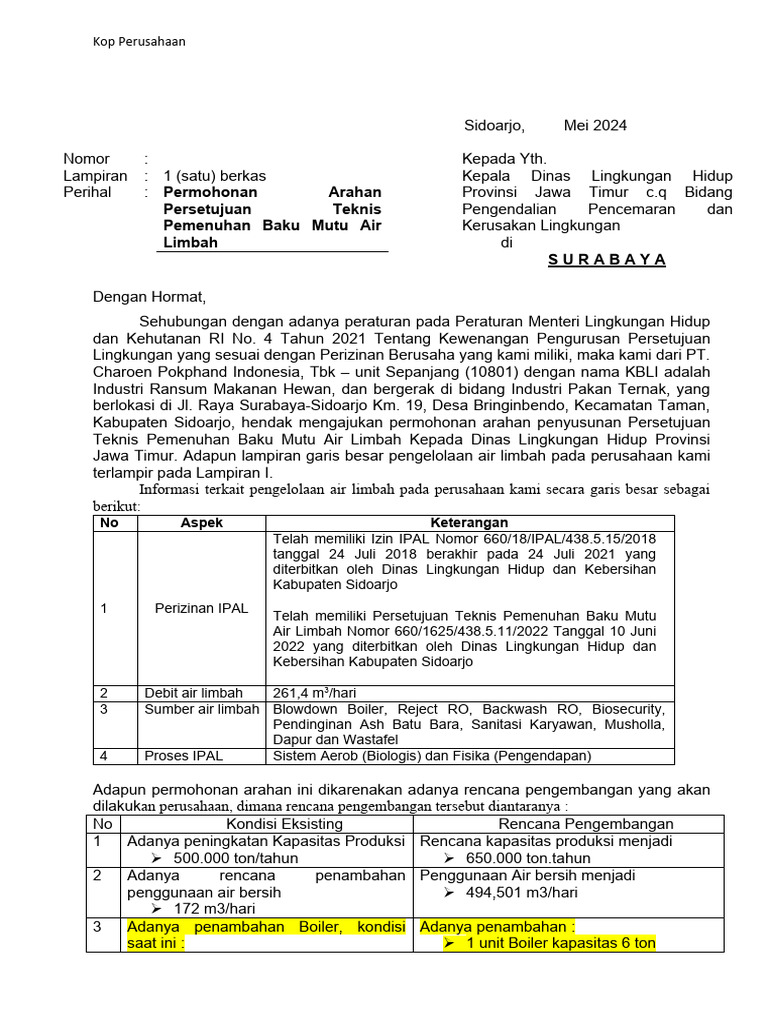 Surat Permohonan Arahan Pertek BMAL | PDF