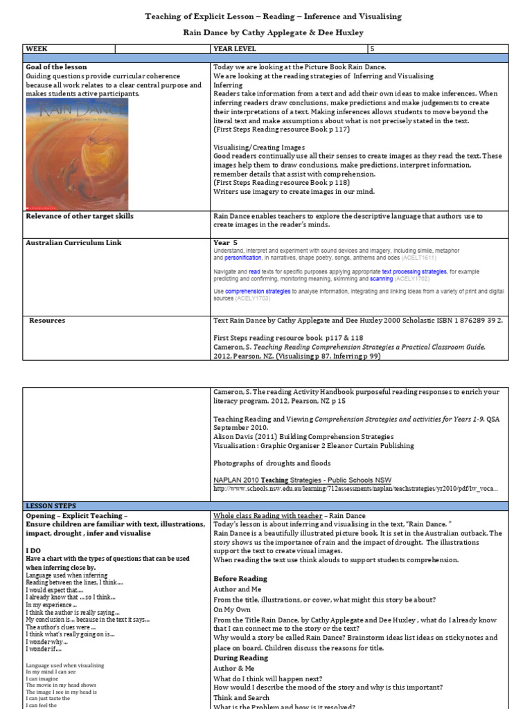 Teaching of Explicit Lesson -Lesson Plan Rain Dance Yr 5 - | PDF ...