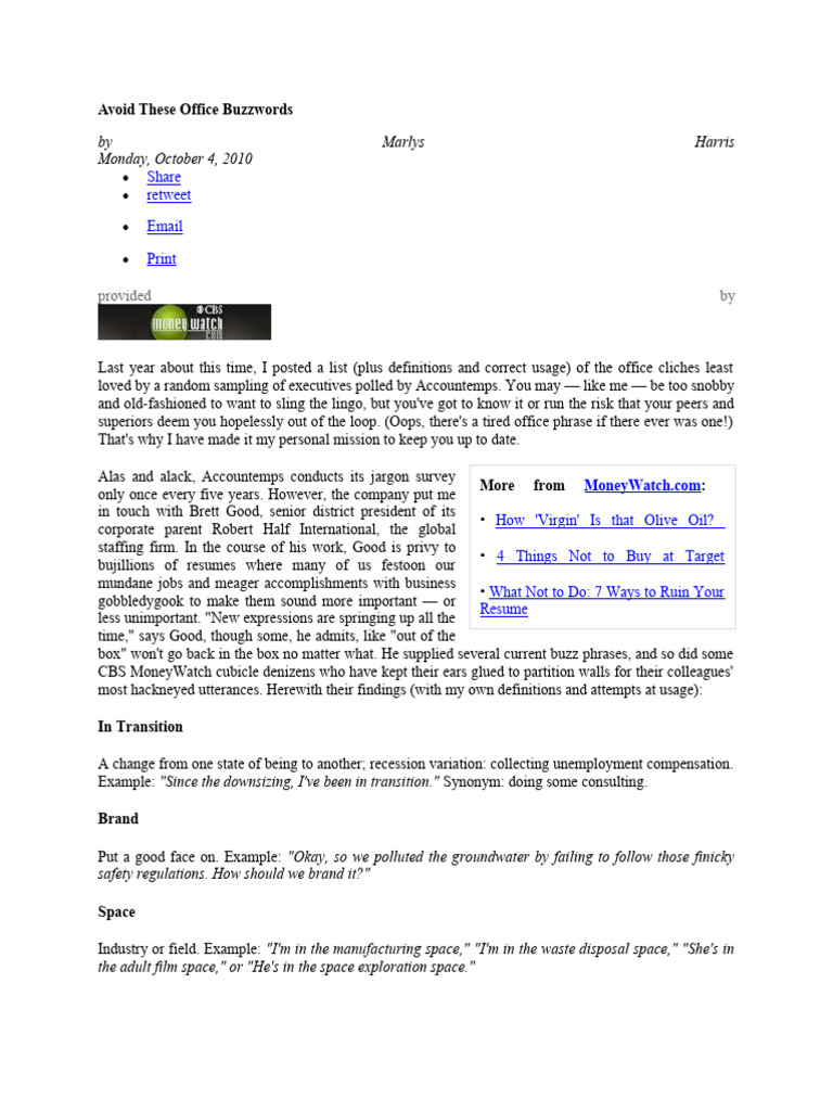 Office Buzzwords 2010 | PDF | Career & Growth | Business