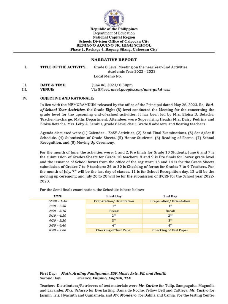 NARRATIVE-REPORT Grade Level Meeting | PDF