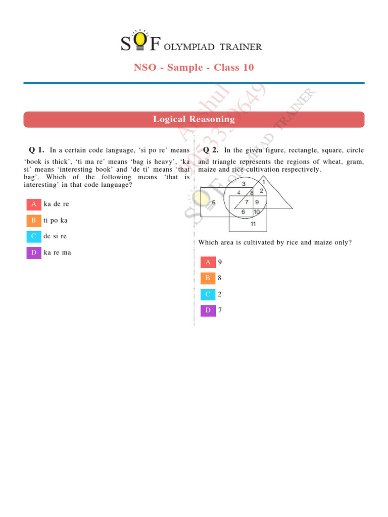 Class 10 NSO Sample Logical & Science | PDF | Reproduction ...