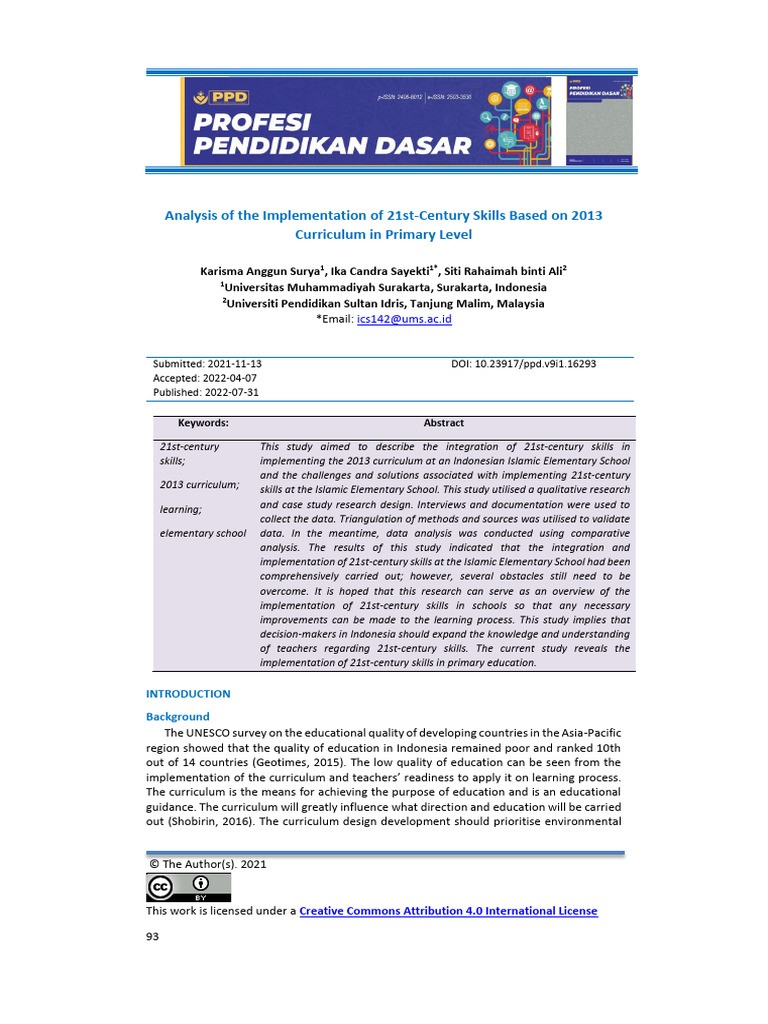 Analysis of the Implementation of 21st-CenturySkillsBased on 2013 Curriculum in Primary Level ...
