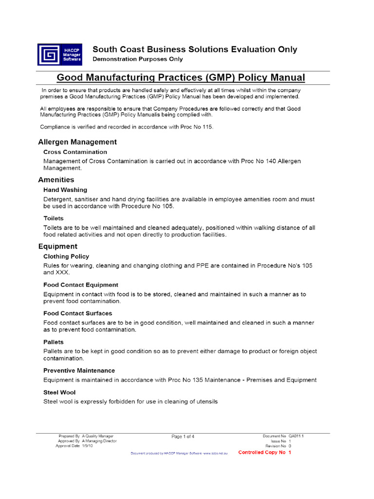 Good Manufacturing Practices (GMP) Policy Manual - Good-Manufacturing ...