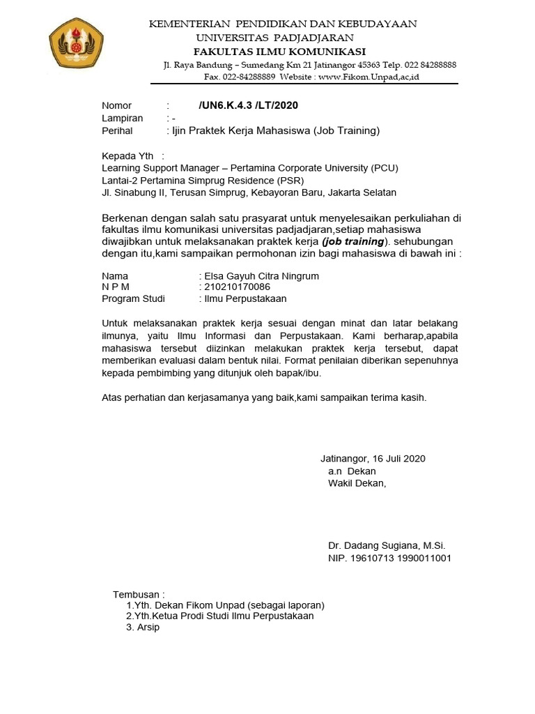 SURAT JOB TRAINING PERTAMINA - Elsa Gayuh | PDF | Sains & Matematika