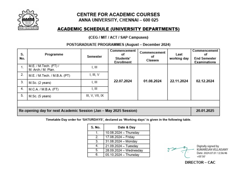 Anna University PG Academic Schedule 2024 | PDF | Educational Stages ...