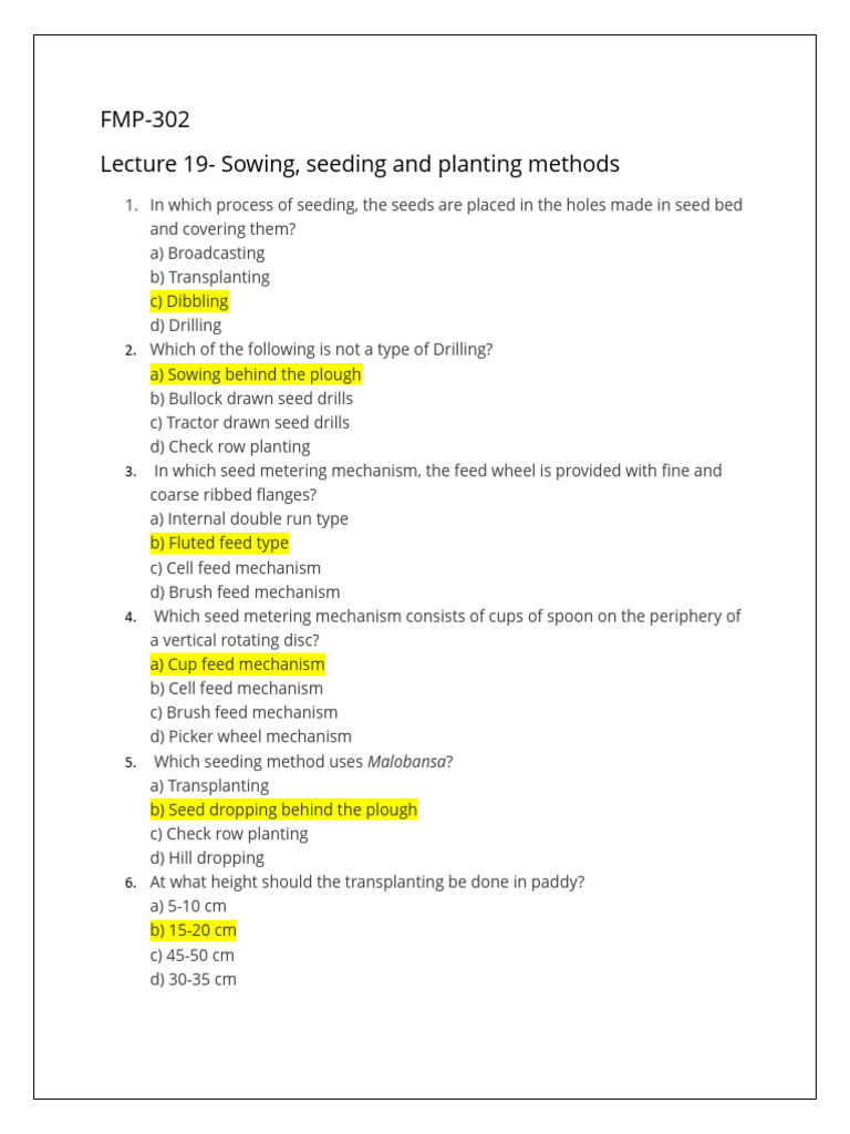 FMP-302 Lecture 19-Sowing, Seeding and Planting Methods | PDF | Sowing | Plough