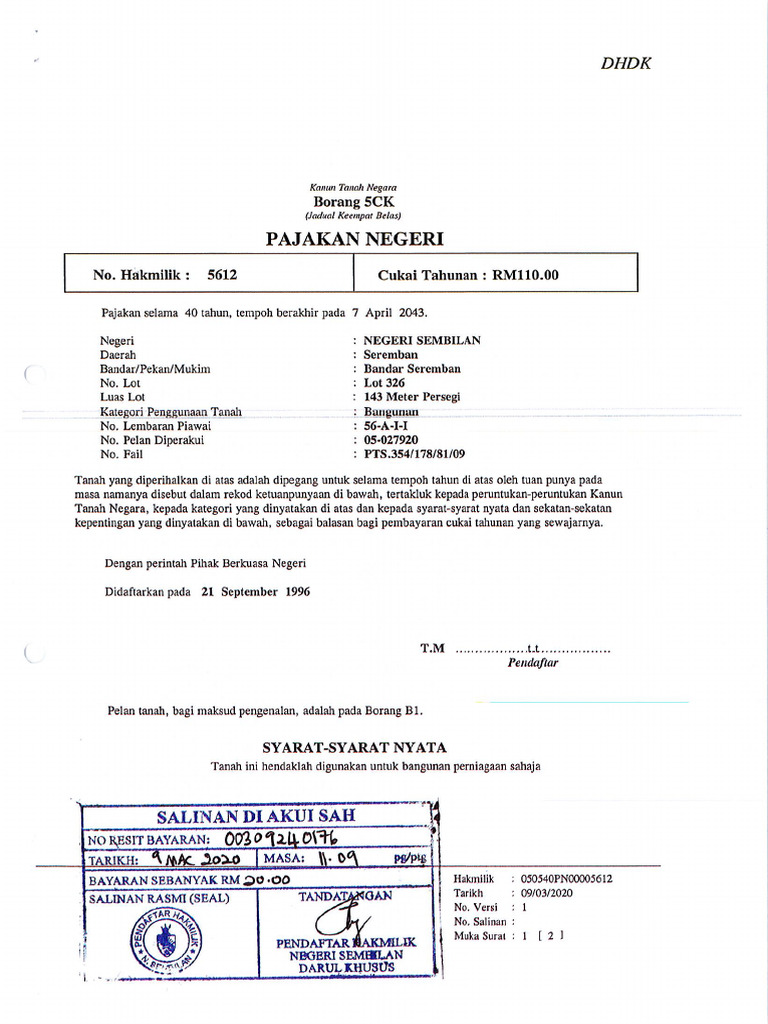 Hakmilik Tanah Carian Rasmi Geran-Bukit Putus | PDF