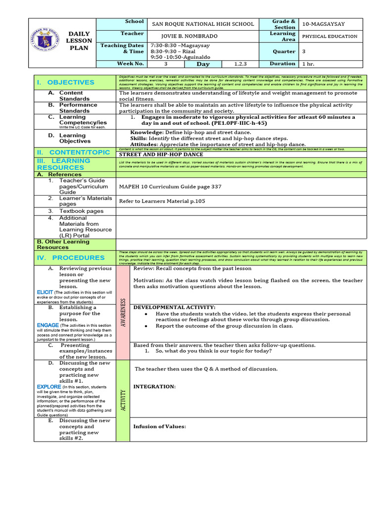 MAPEH 10 DLP - 3rd Quarter Pe | PDF | Learning | Teachers