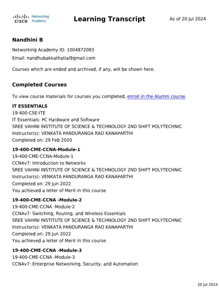 NetAcad Learning Transcript | PDF | Cyberspace | Data Transmission