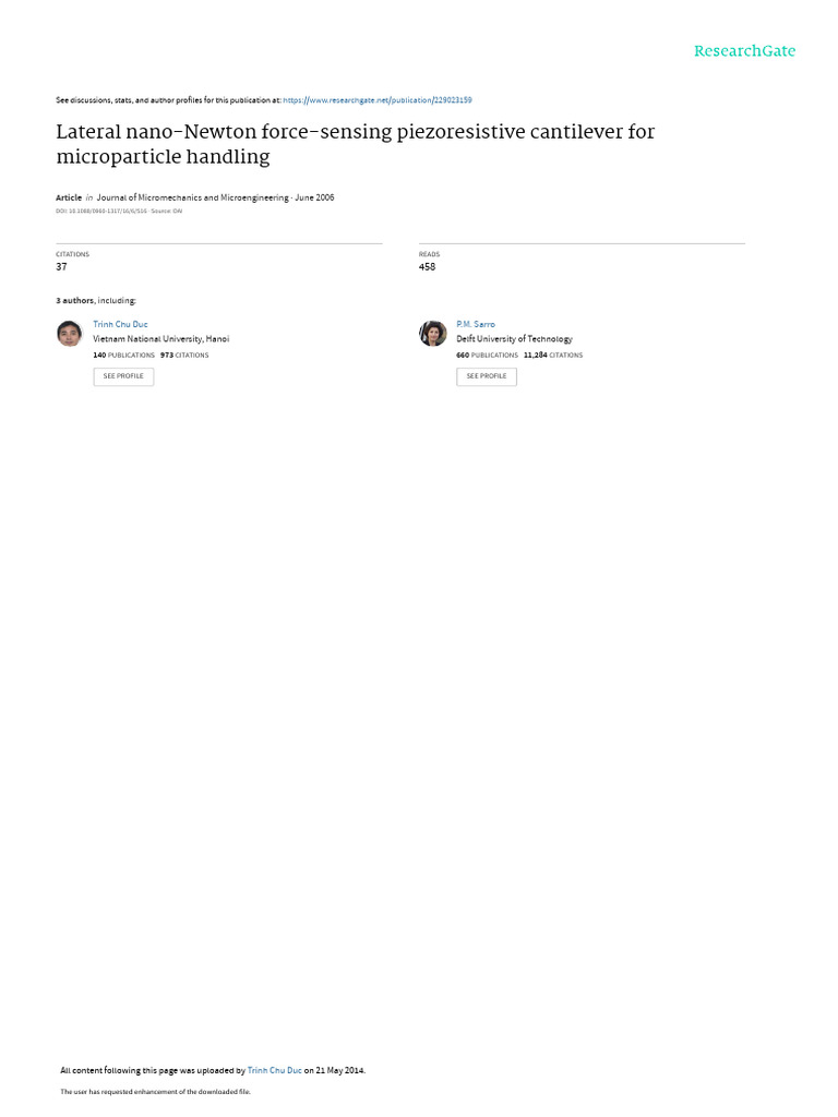 Lateral Nano-Newton Force-Sensing Piezoresistive C | PDF | Materials ...