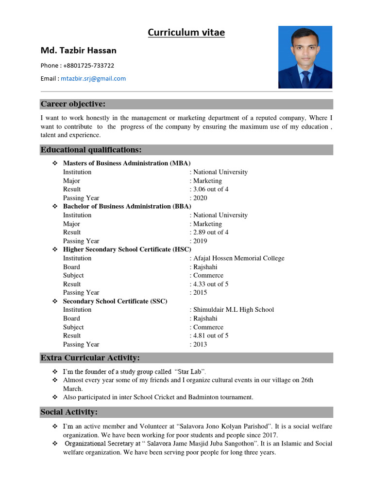 Md. Tazbir Hassan-MBA (Marketing) CV | PDF | Self-Improvement | Wellness