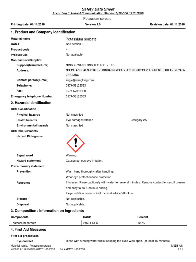 Potassium Sorbate Safety Data Sheet | PDF | Dangerous Goods | Materials