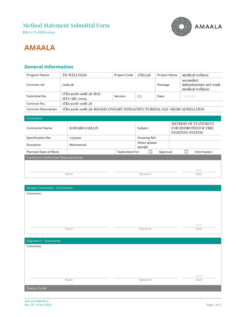 Method of Statement For Hydrotest of Fire Fighting (Integrative Welness ...