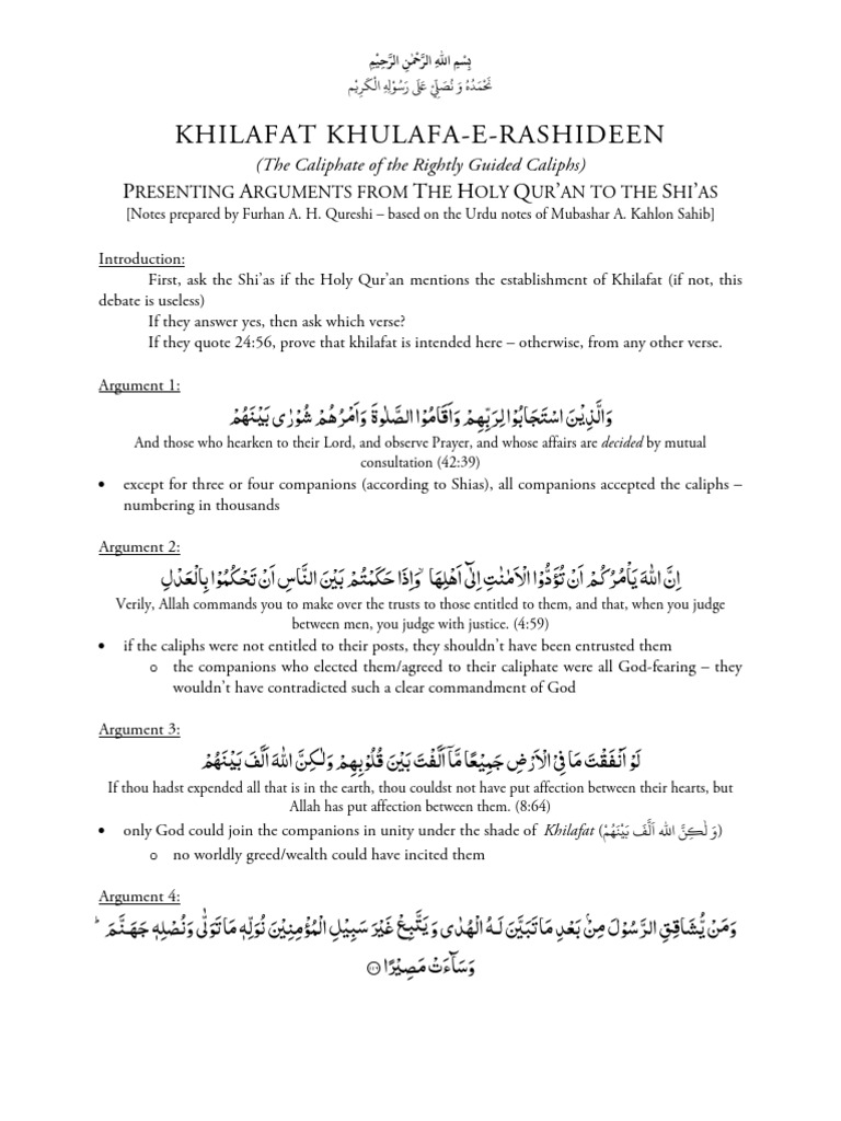 Kalam - Shia'Ism - Notes of Khilafat Khulafa-E-Rashideen - Done by ...