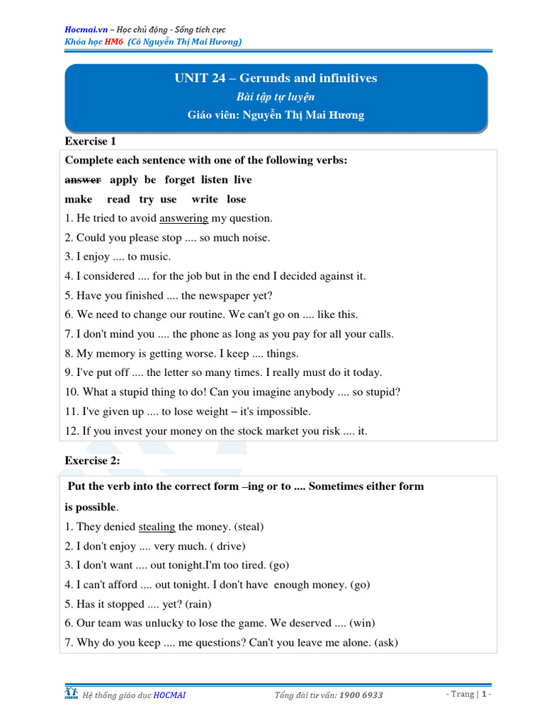 Gerunds and Infinitives Exercises | PDF