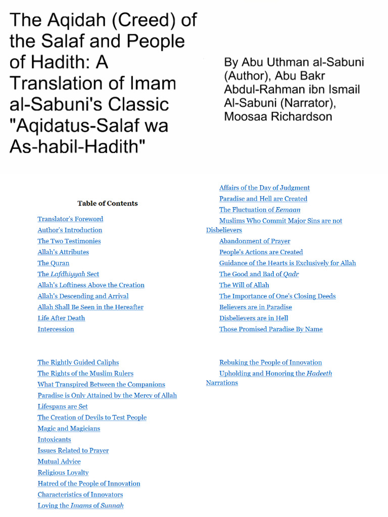 The (Creed) of The and Hadith: A Imam Classic Wa As-habil-Hadith" | PDF | God In Islam | Hadith