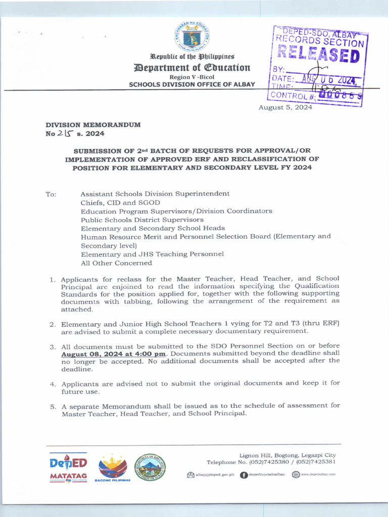 DM 215 S. 2024 Submission of 2nd Batch of Requests For Approval Implementation of Approved ERF ...