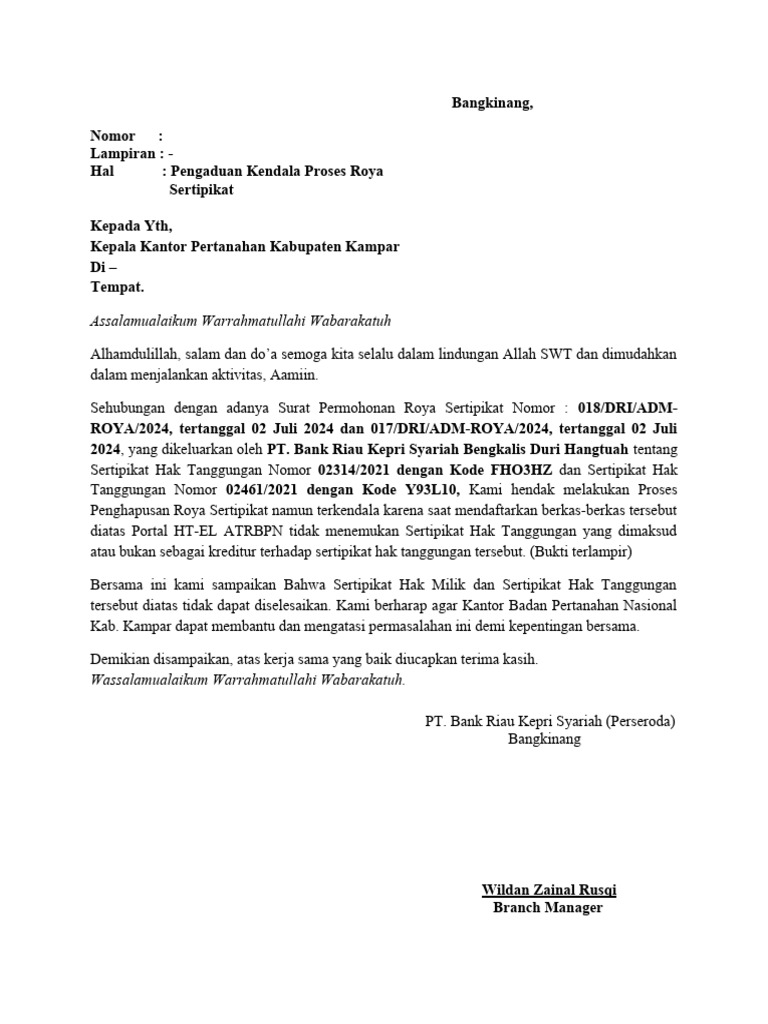 Surat Pengaduan Ke BPN | PDF