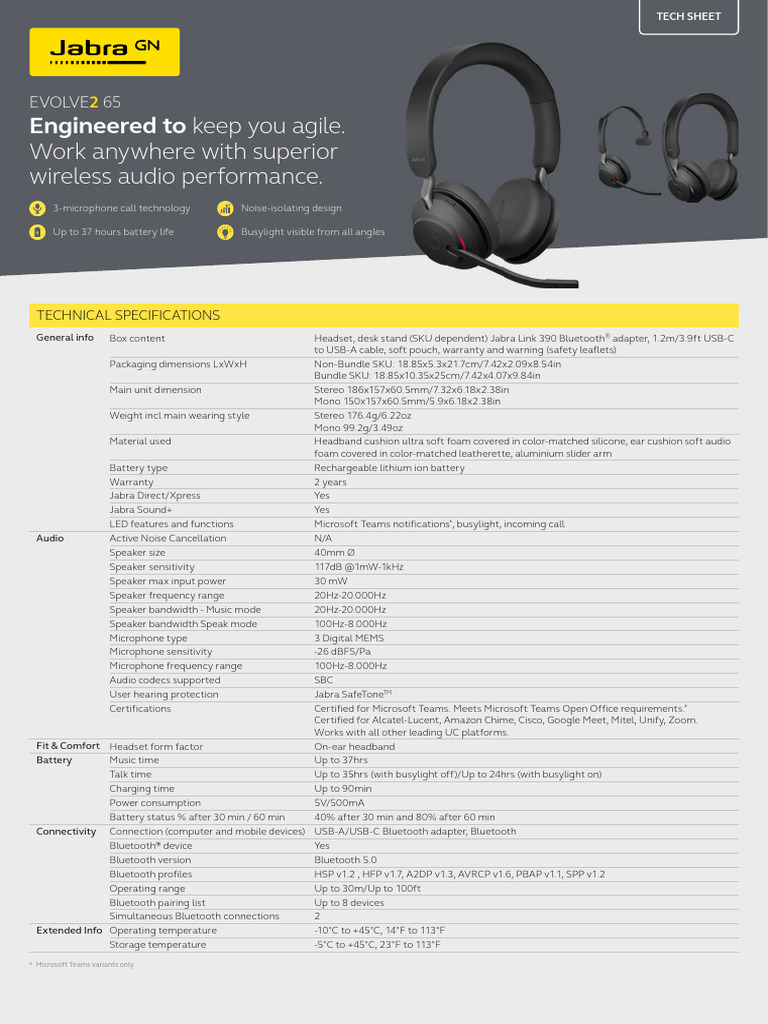 En Jabra Evolve2 65 Techsheet A4 020424 WEB | PDF | Bluetooth | Microphone