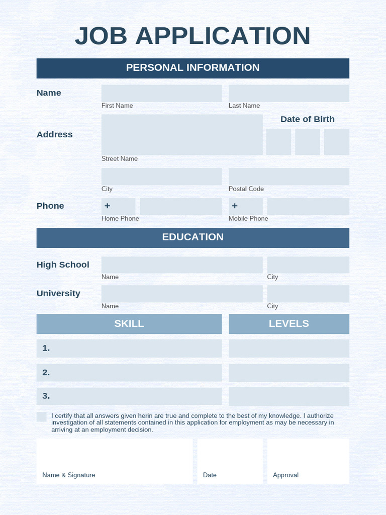 Blue Professional Job Application Form Document | PDF