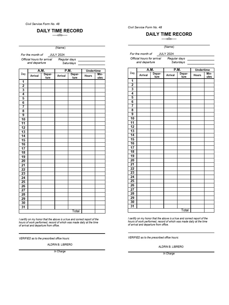 July 2024 Daily Time Record Form | PDF
