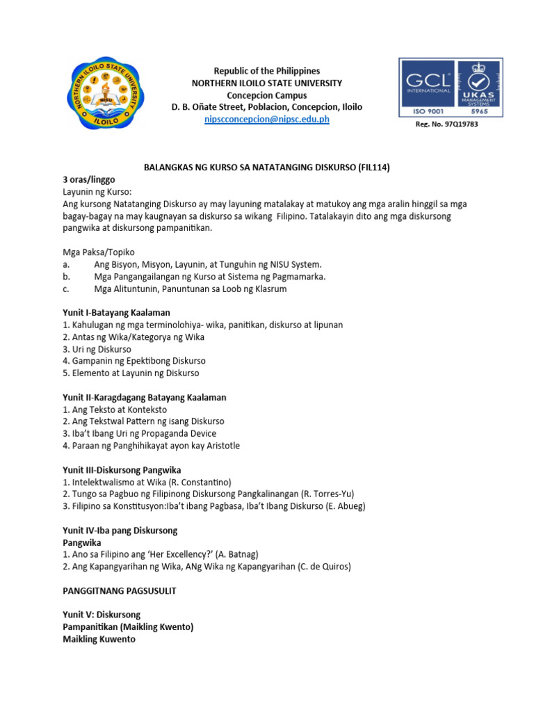 Course Outline Natatanging Diskurso | PDF