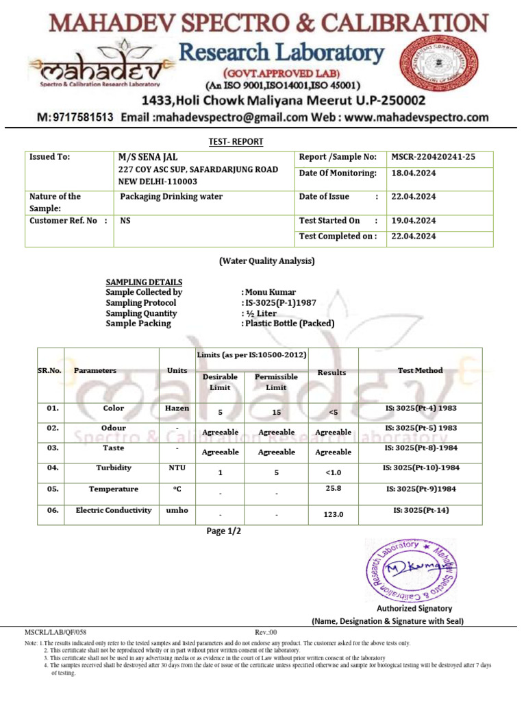 Sena Jal Water Report - 2 | PDF