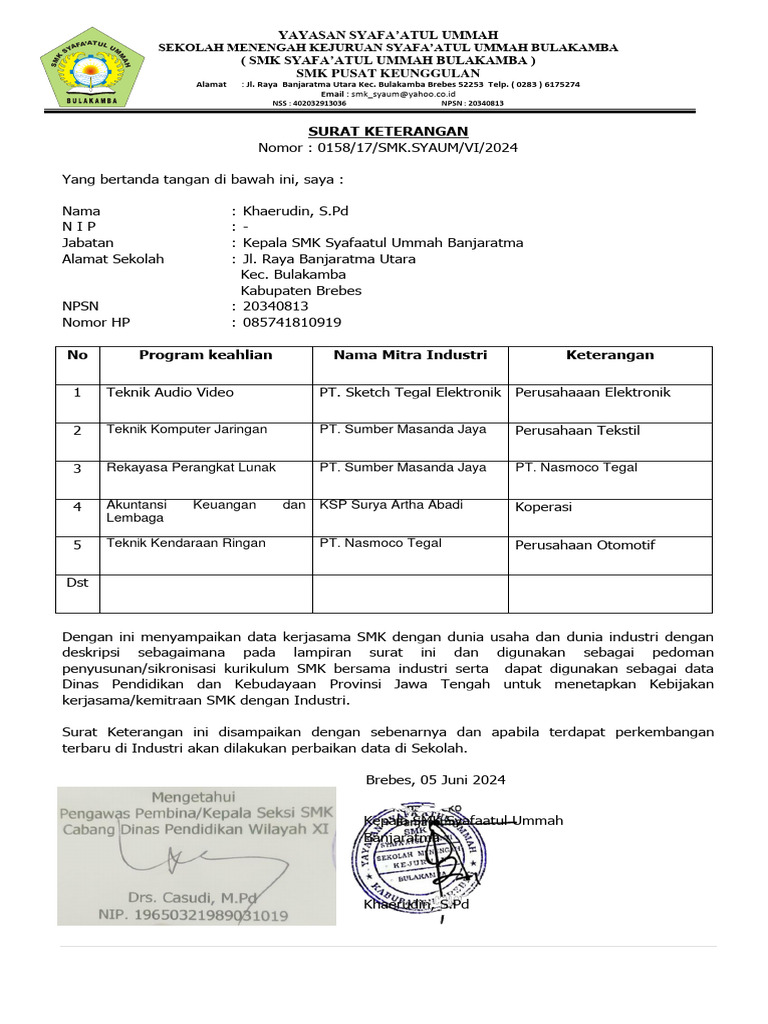 Surat Keterangan Kerjasama SMK Dengan Dudi | PDF