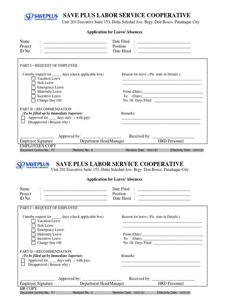 F7 - Application For Leave & Absences | PDF | Welfare State | Working Time