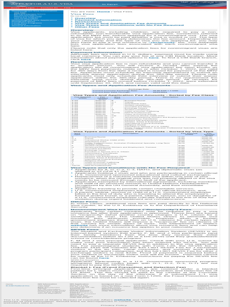 Apply For A U.S. Visa Visa Fees - Egypt (English) | PDF | Travel Visa | Human Migration