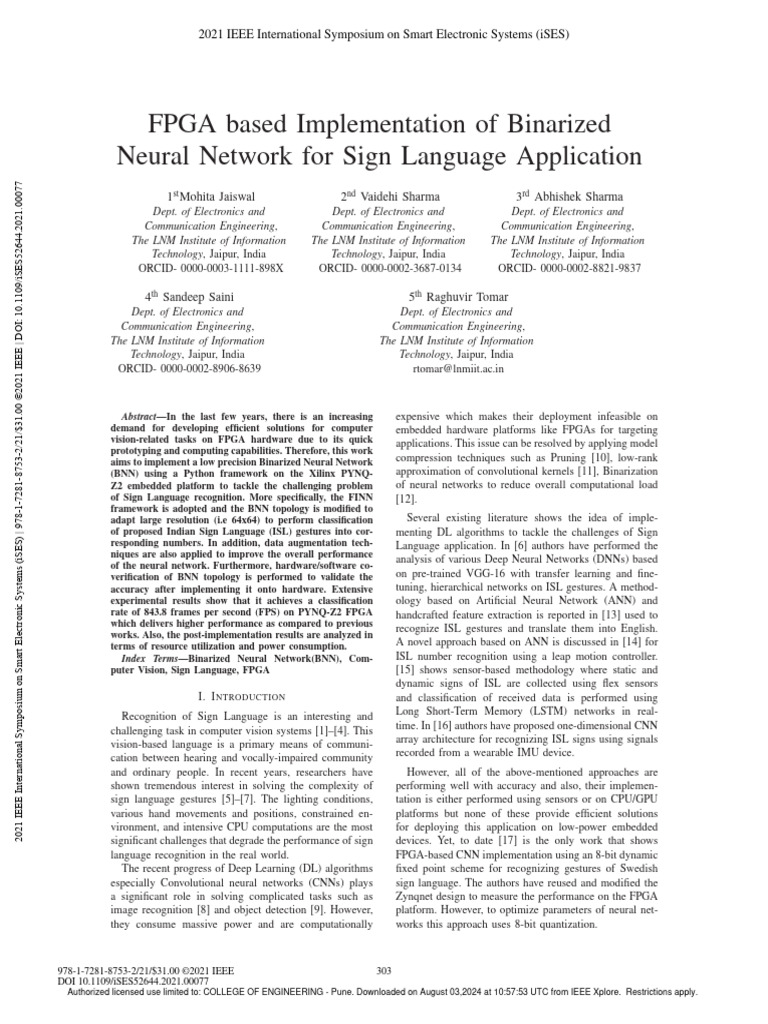 FPGA Based Implementation of Binarized Neural Network For Sign Language ... FPGA Based Implementation of Binarized Neural Network For Sign Language ...