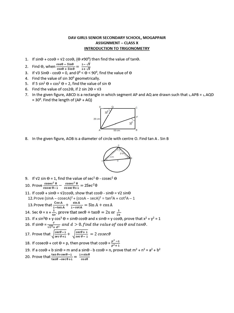 Trigonometry Assignment for Class X | PDF | Teaching Methods & Materials