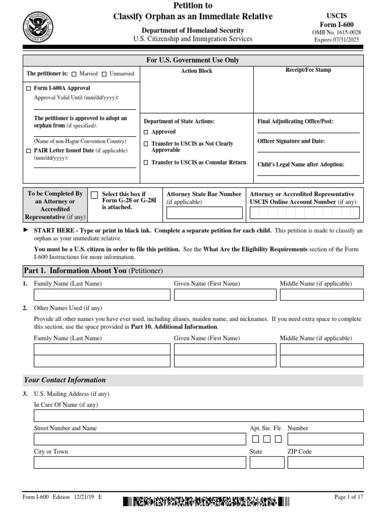 U.S. Citizenship and Immigration Services: Uscis Form I-600 | PDF ...