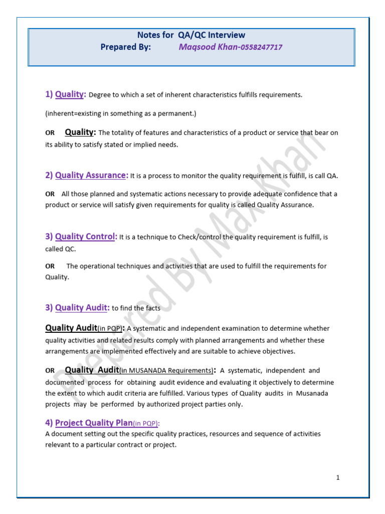 Notes For QA-QC Interview - Pdf-Unlocked | PDF | Quality Assurance | Audit