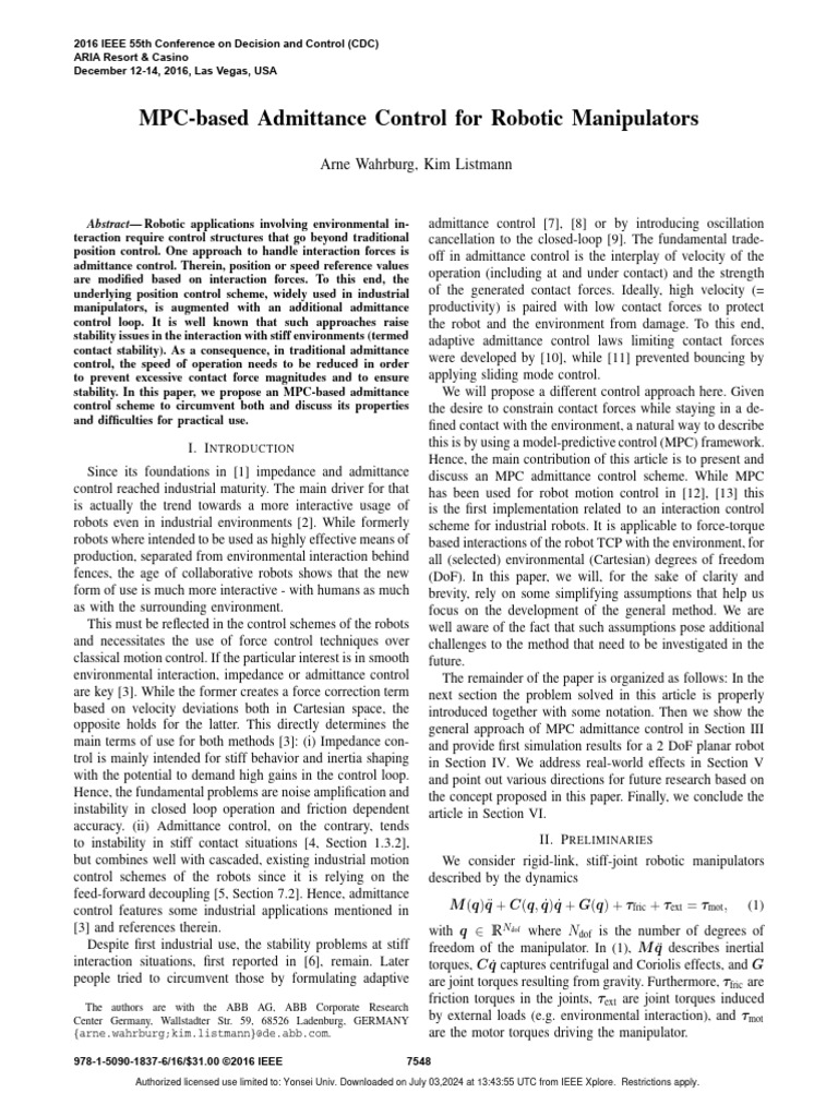 MPC-based Admittance Control For Robotic Manipulators | PDF | Force | Classical Mechanics