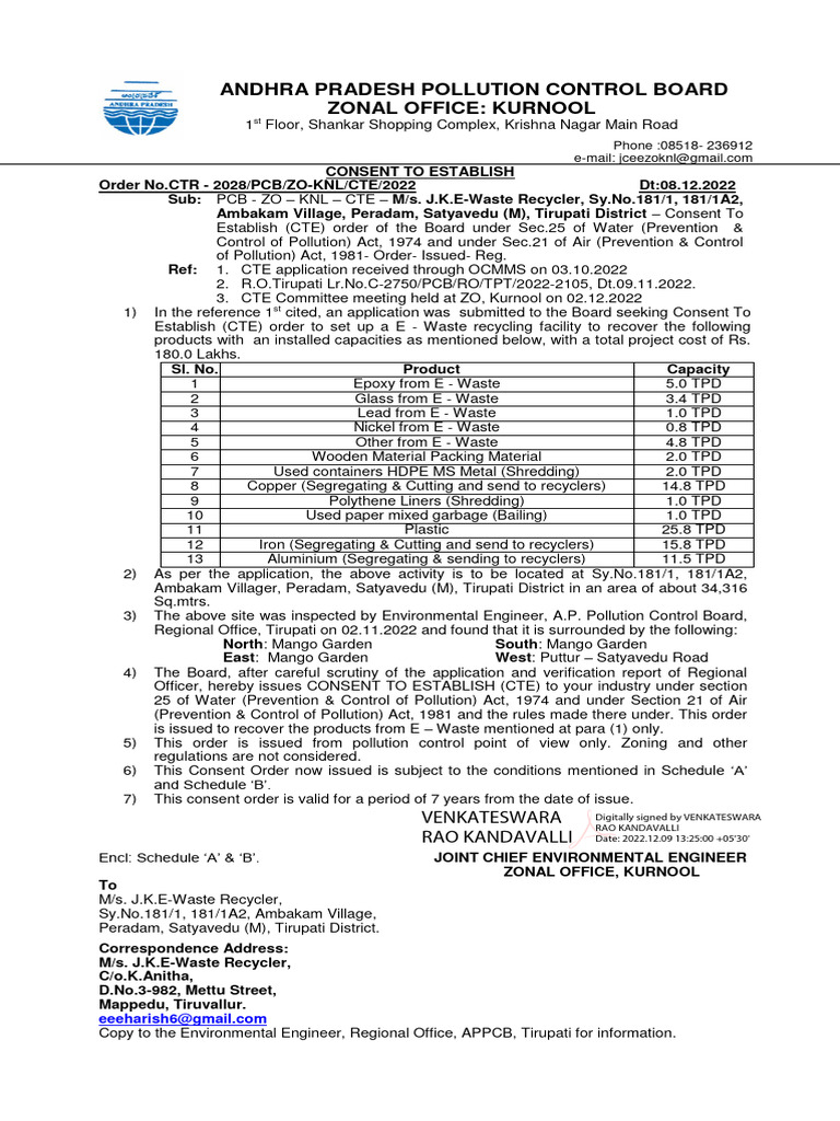 J.K.e-waste Recycler Pollution Certificate1 | PDF | Electronic Waste | Recycling