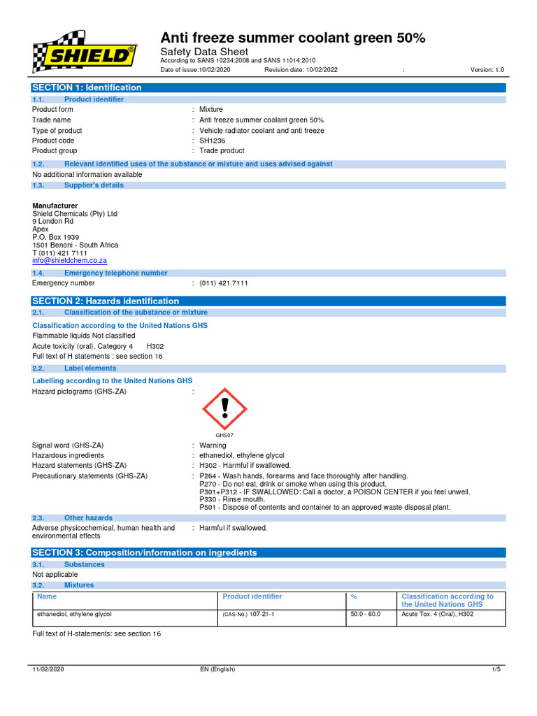 Anti Freeze Summer Coolant Green 50 Percent | PDF | Toxicity | Chemistry