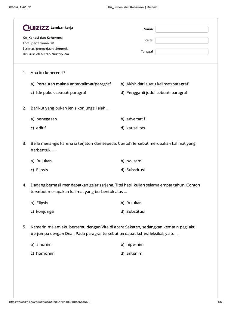 KELAS 9 - SOAL KOHESI DAN KOHERENSI (Senin, 5 Agu 2024) | PDF