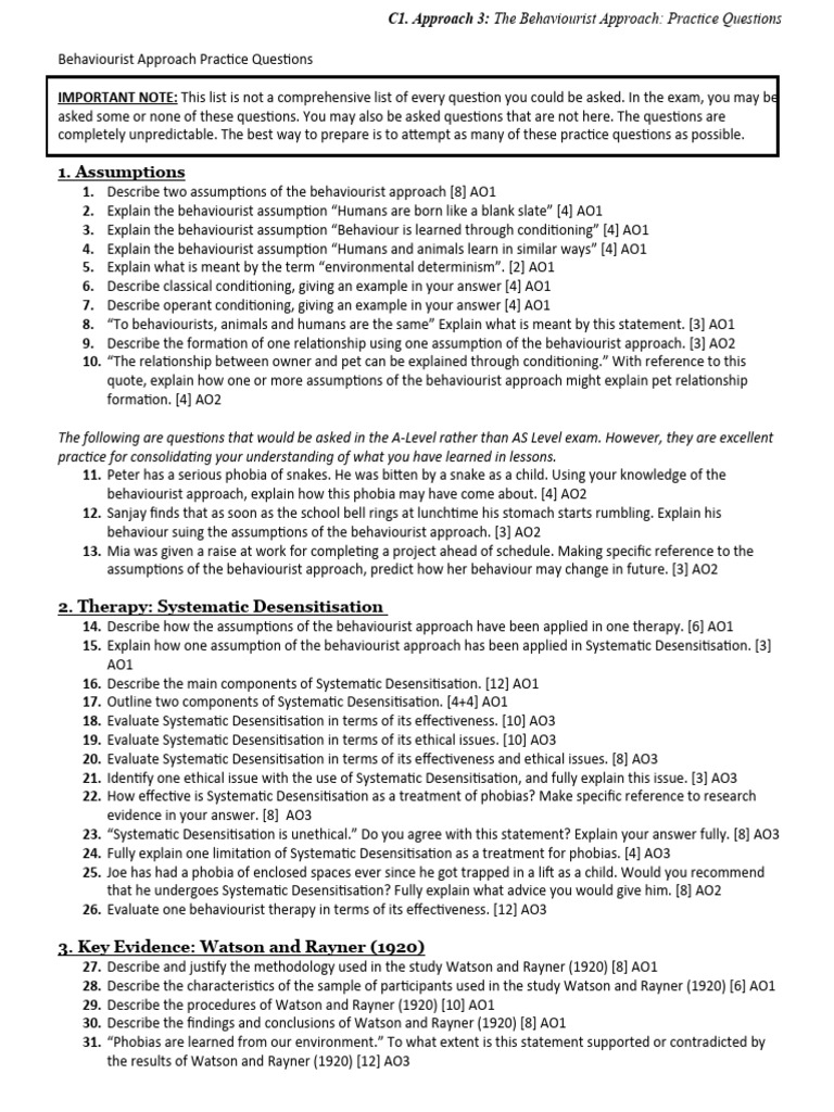 Behaviourist Approach Practice Exam Questions | PDF | Behaviorism ...