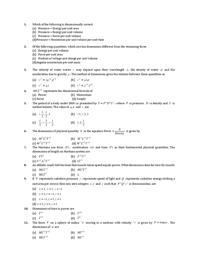 Units Dimensions Sheet 1 | PDF | Force | Momentum