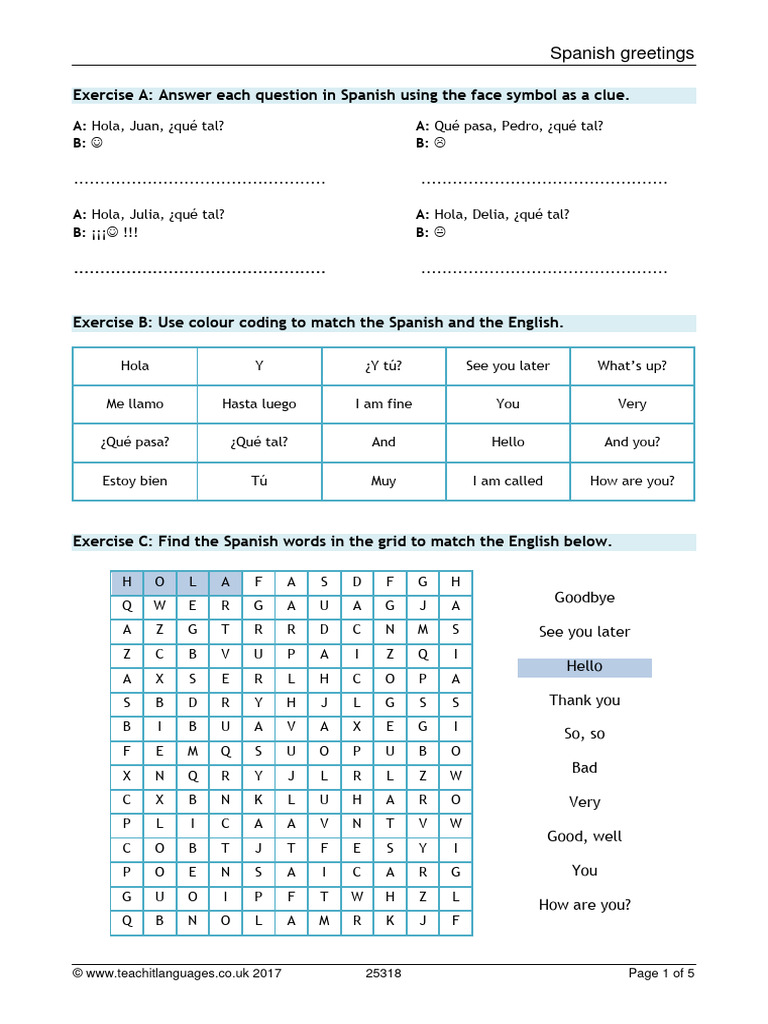 Spanish Greetings Exercise | PDF | Grammar | Linguistics