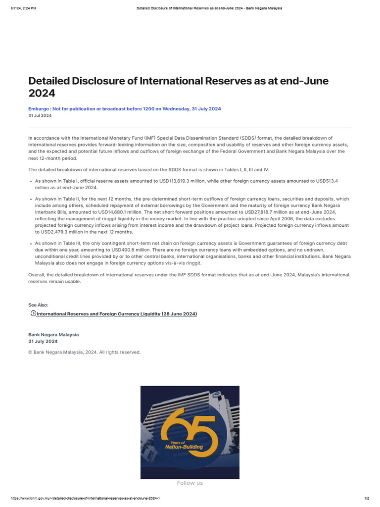 Detailed Disclosure of International Reserves As at End-June 2024 ...
