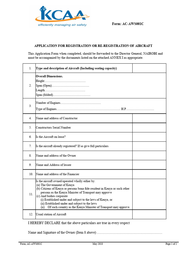 Aircraft Registration Application Form | PDF | Aircraft