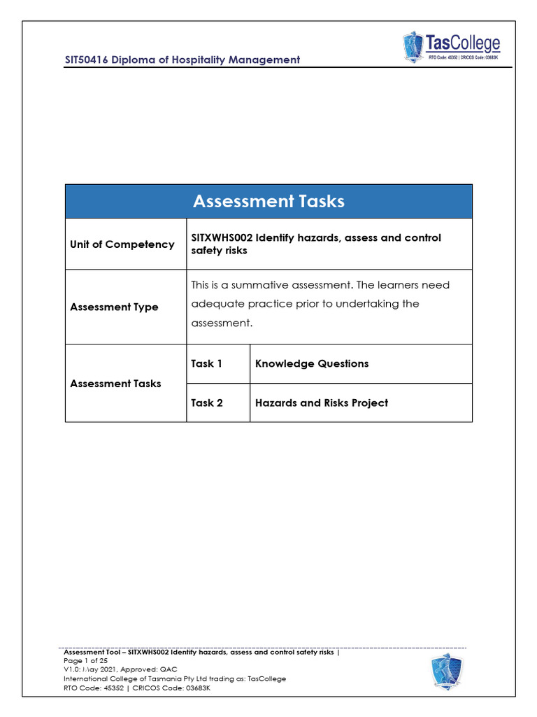 SITXWHS002 - V1.0 - Assessment Tool - DHM.v1.0 | PDF | Risk ...