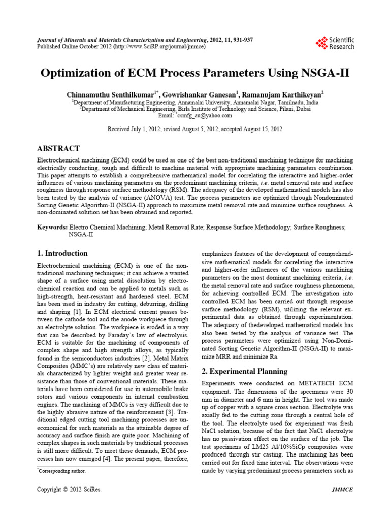 Optimization of ECM Process Parameters Using NSGA | PDF | Machining | Equations