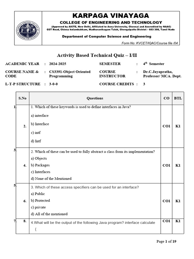 Activity Based Technical Quiz2 | PDF | Interface (Computing) | Class ...